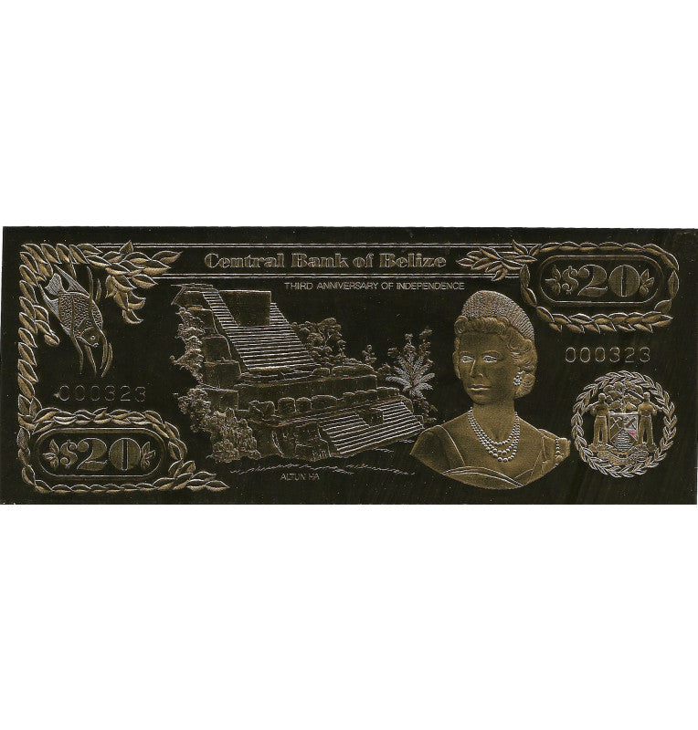 Belize 20 Dollars 1984 (Gold Plated) 3 Digit Serial – Colecciones El Dorado
