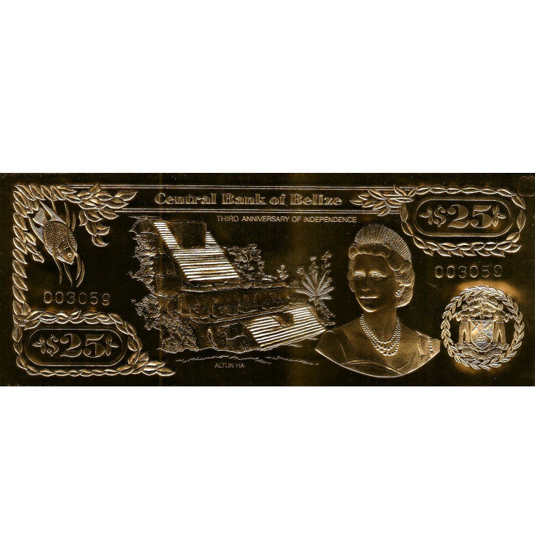Belize 25 Dollars 1984 ND (Gold Rolled) 4-digit serial number ...
